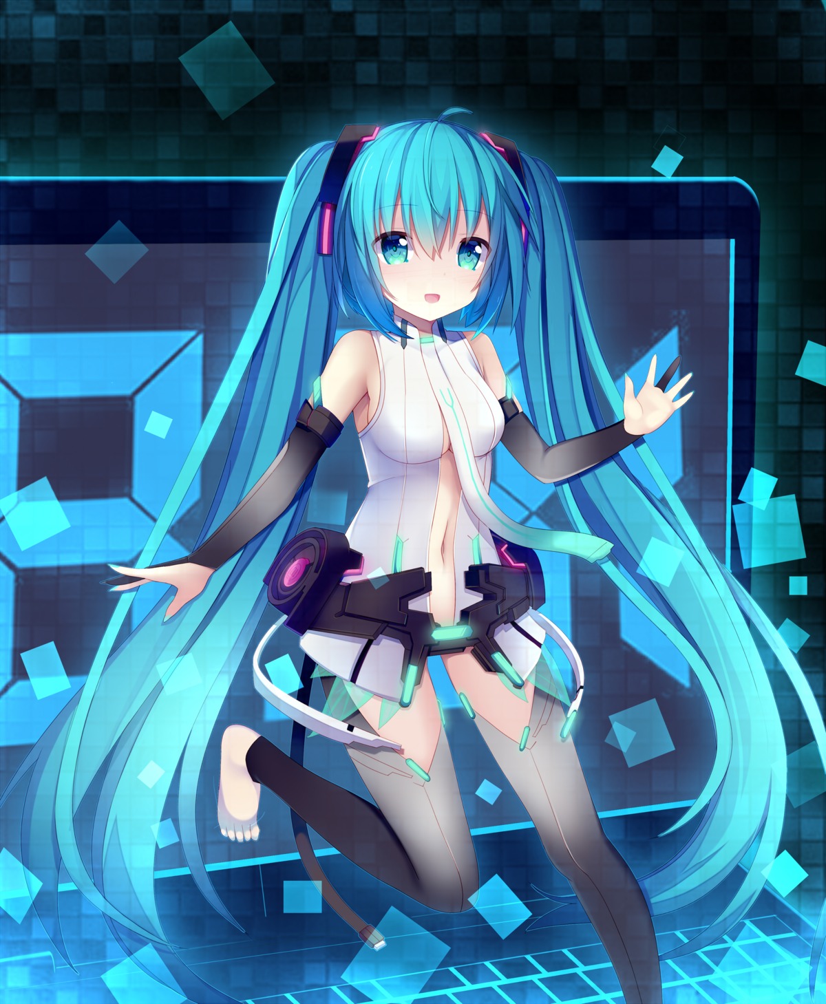 jyt vocaloid hatsune miku miku append cleavage feet headphones no bra open shirt thighhighs ...